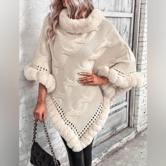 Adecentexposure | Sweaters | Poncho Faux Fur Cable Knit Cape Poncho ...